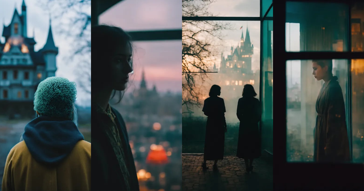Lexica - Blurry glass castle in background, analog photography, pale ...