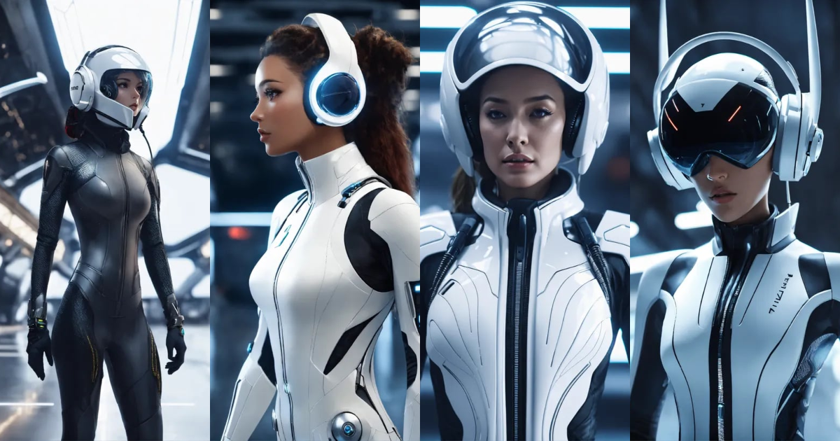 Lexica - Wide shot of a female super spy wearing a tight futuristic spy ...