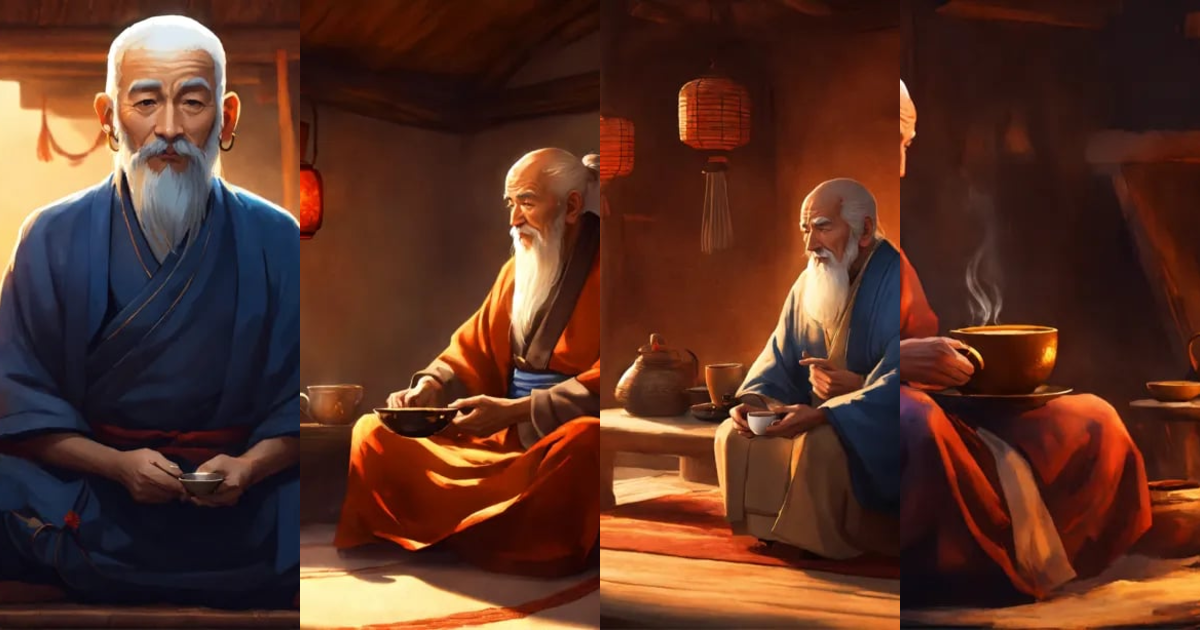 Lexica - An old zen master sitting in side hut having cup of tea in the ...
