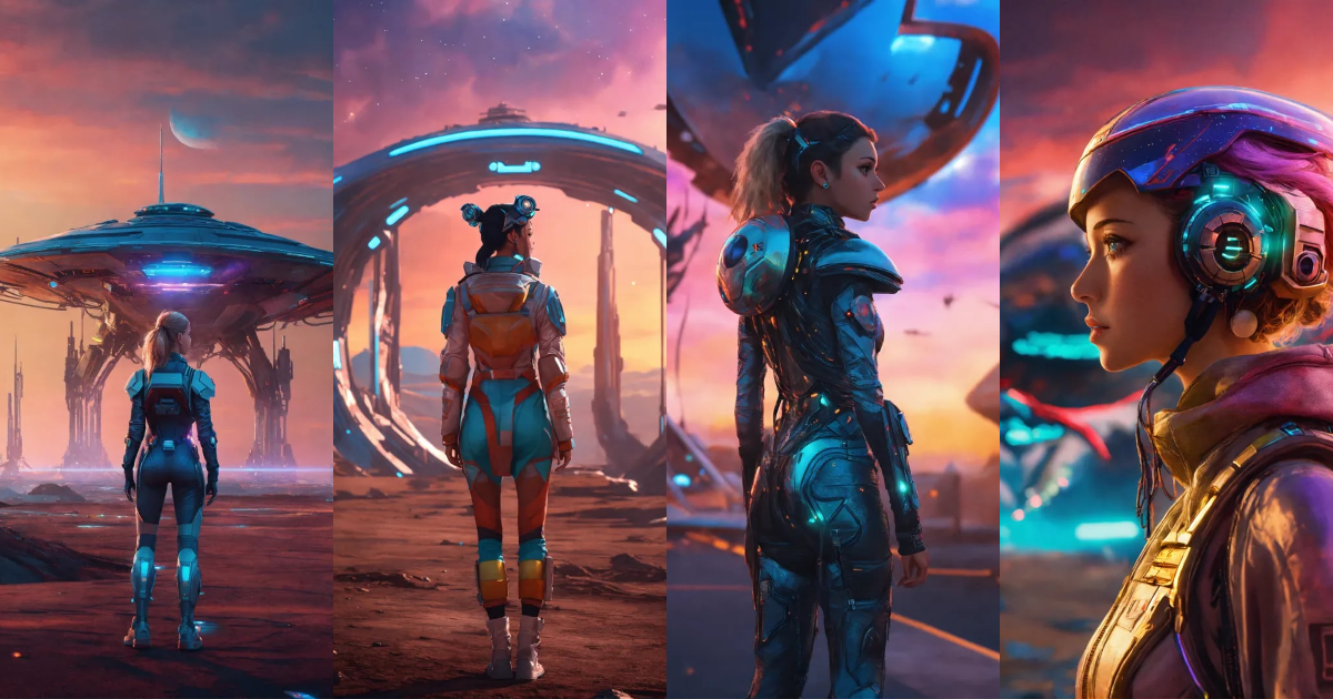 Lexica - Zoom out of a girl standing forward near a wreacked starship ...