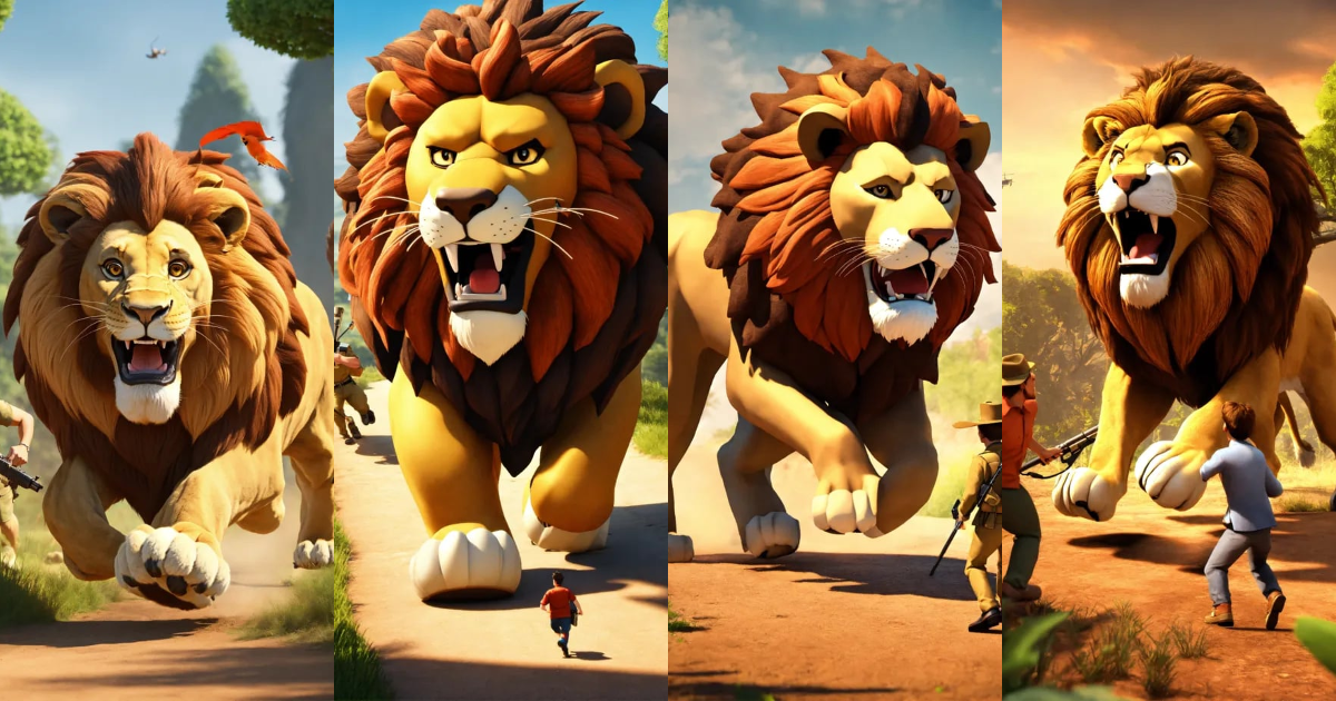Lexica - 3d cartoon big lion chasing men hunters