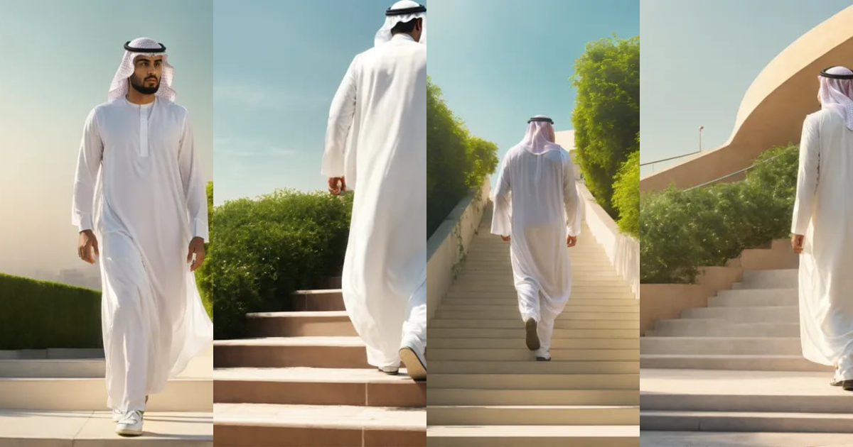 Lexica - Saudi man climbing up six steps only, white costume, Saudi ...