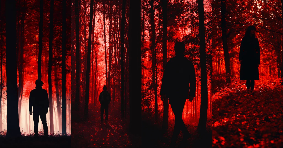 Lexica - Portrait of a silhouette forrest red light ambeance, dark, red
