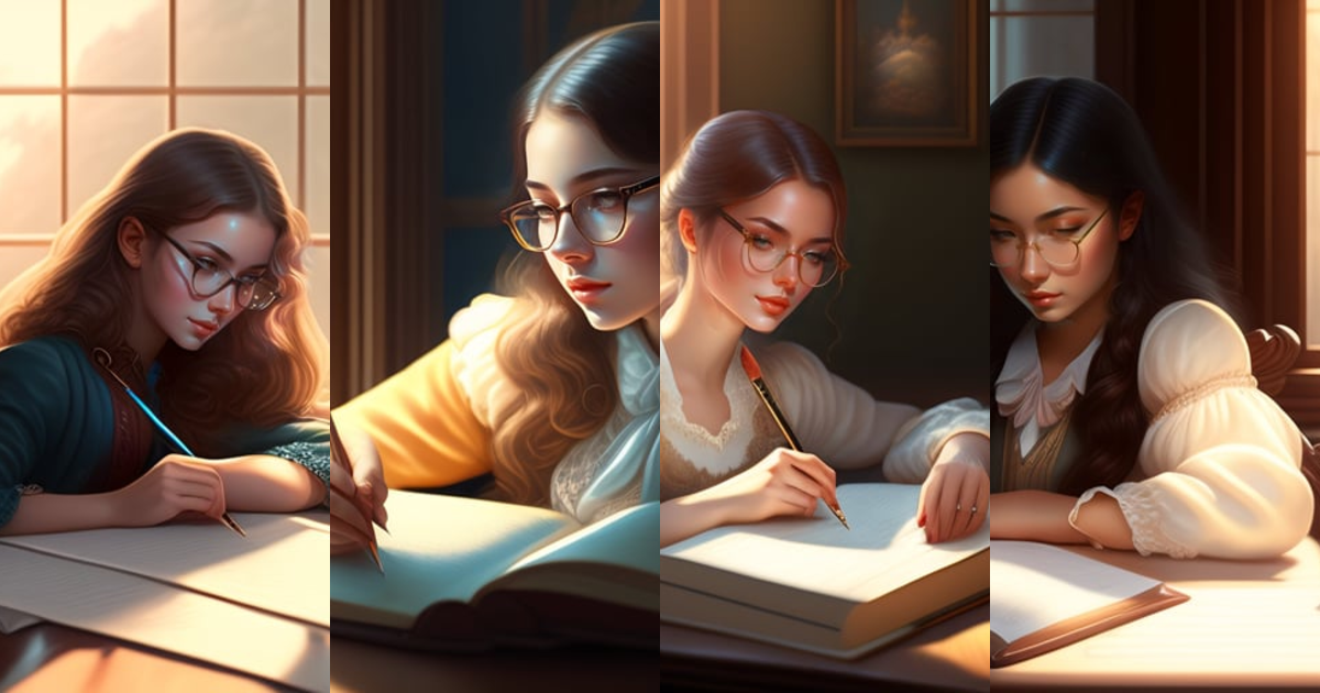 Lexica - Young female writer, writing a novel, glasses, rococo ...