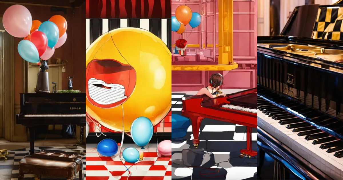 Lexica - Singer, balloon, checkered piano,