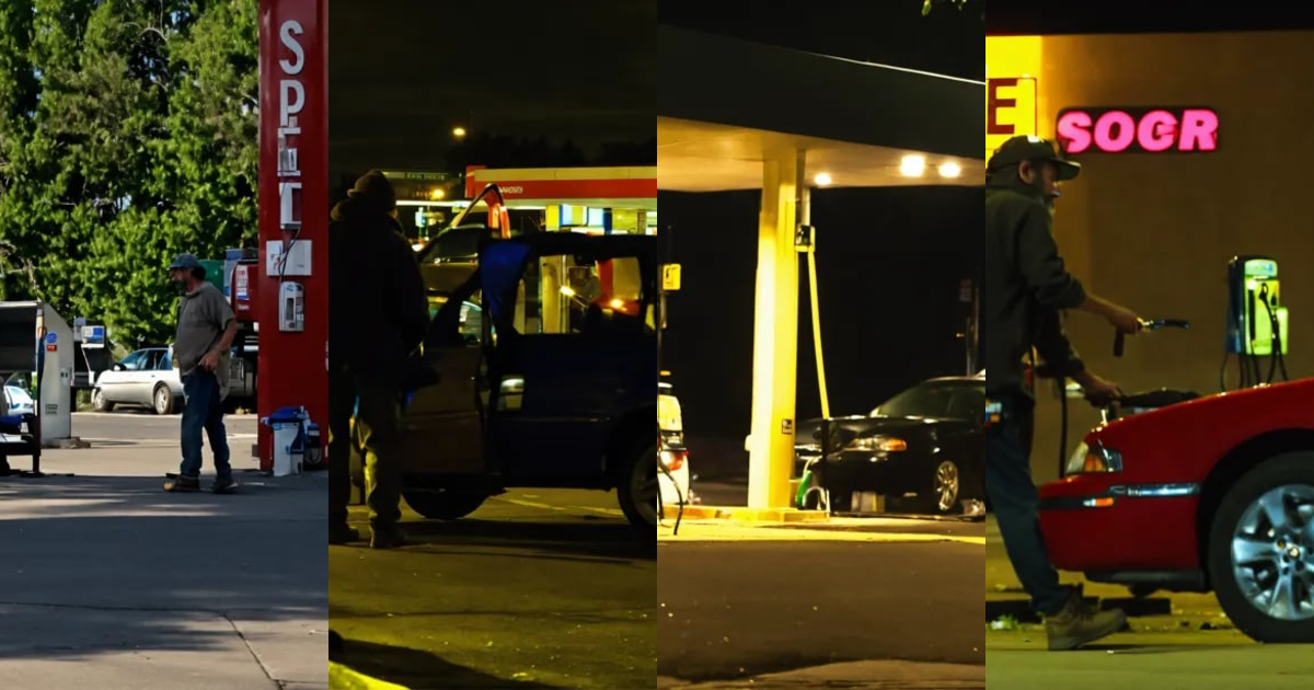 Lexica - Homeless man coming up to a car at a gas station