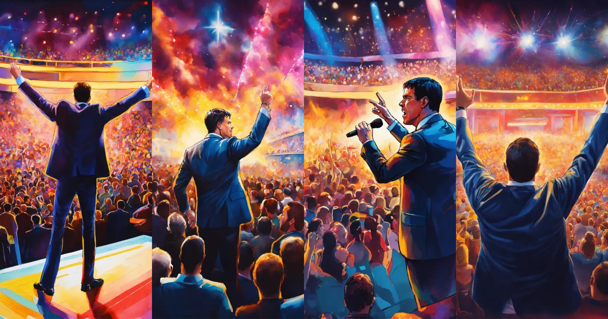 Lexica - A hand drawn painting of a Tony Robbins conducting his live ...