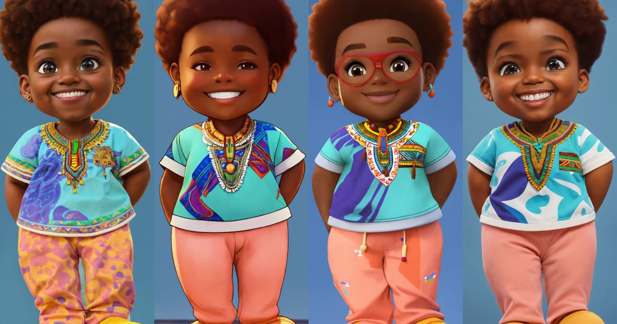 Lexica - 4K cartoon, wearing vivid dashiki, smiling.