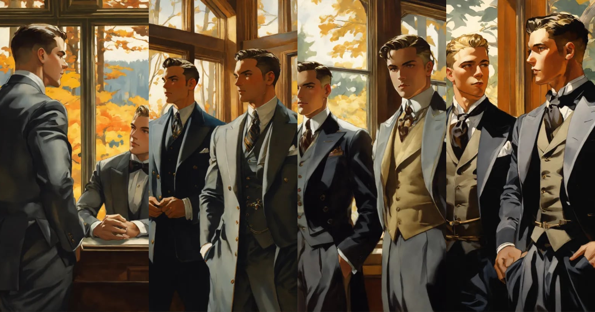 Lexica - Two muscled male spies, dark grey vested suit, looking by a ...