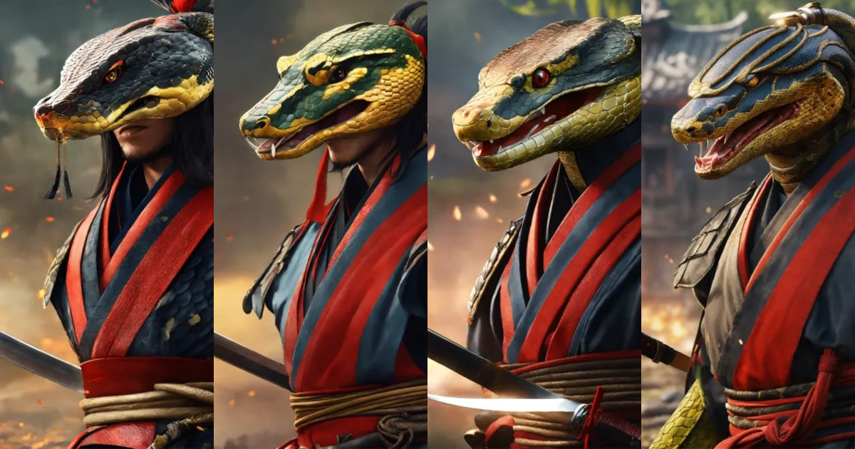 Lexica - Snake Samurai. Battlefield. Hyper realistic.