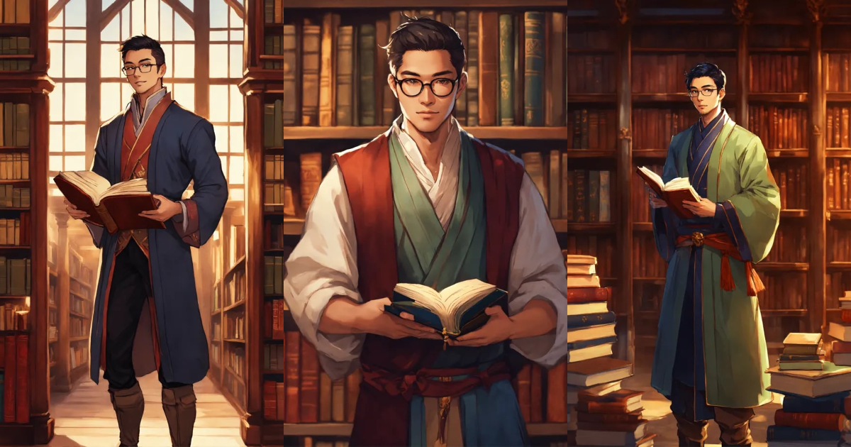Lexica - A tall handsome asian scholar glasses holding a stack of books ...