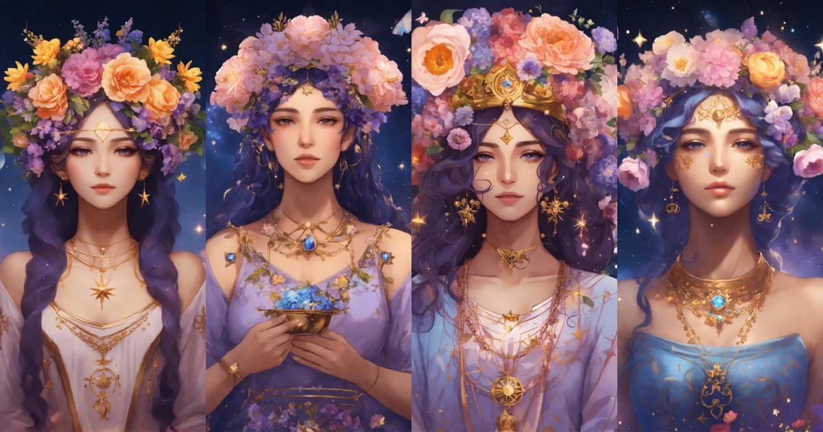 Lexica - The star sign of libra personified as a person, flower crown ...
