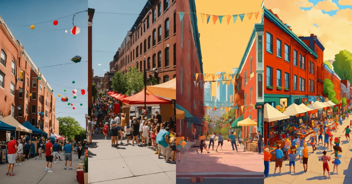 Lexica - Block party scene on a street, red brick buildings in ...