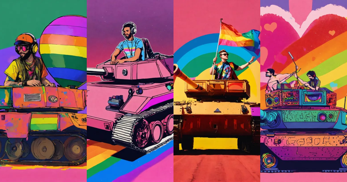 Lexica - A picture of a queer dj riding on a tank of love with sound ...
