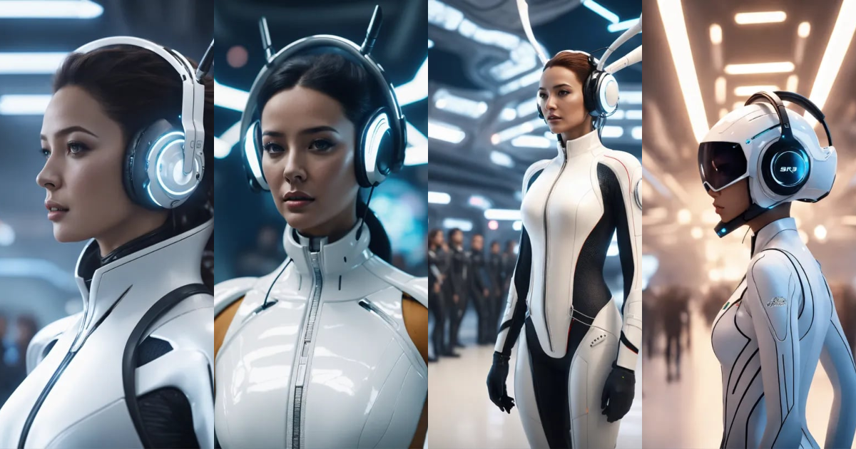 Lexica - Wide shot of a female super spy wearing a tight futuristic spy ...