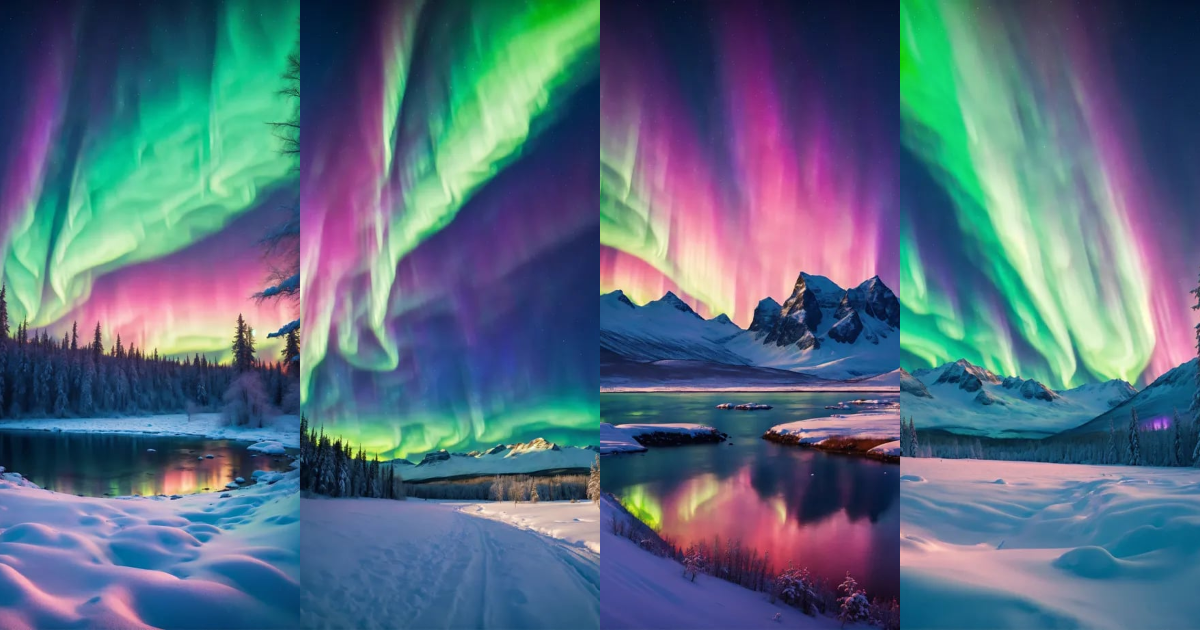 Lexica - Winter landscape with extremely colorful aurora borealis ...