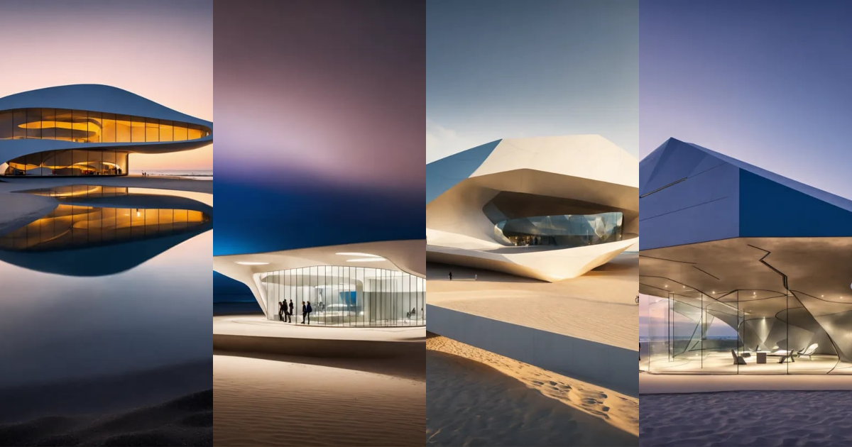 Lexica - Zaha Hadid minimalist museum at the beach made of diamond.
