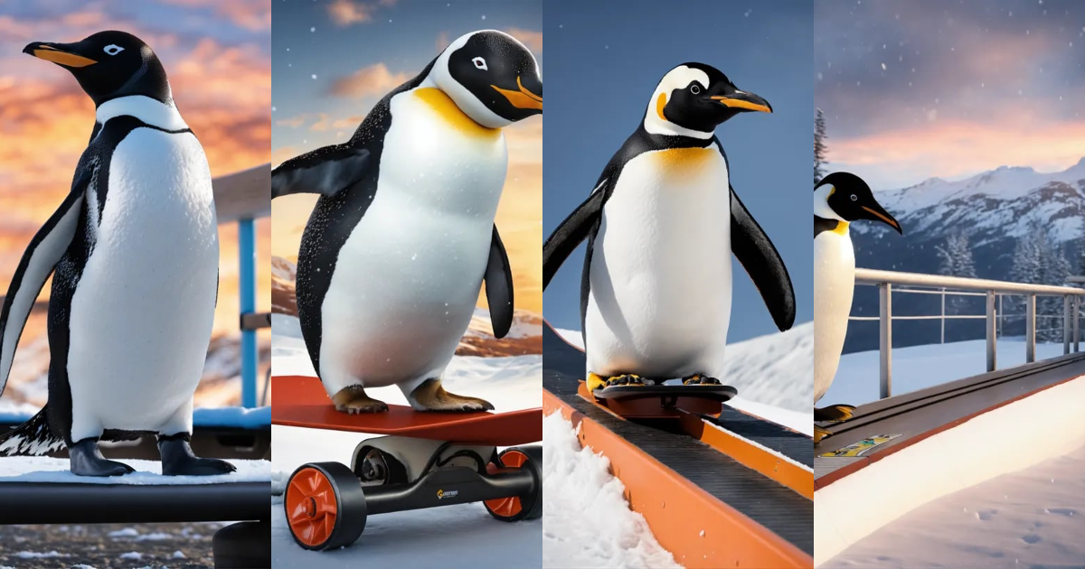 Lexica - Realistic penguin ride on snowboard slide on rail