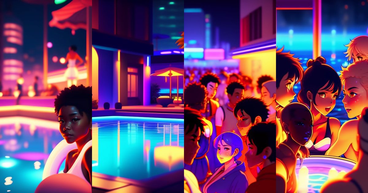 Lexica - Pool party late at night with funky music people dancing in ...