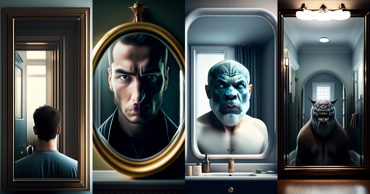 Lexica - Man looking in bathroom mirror and seeing a terrifying monster ...