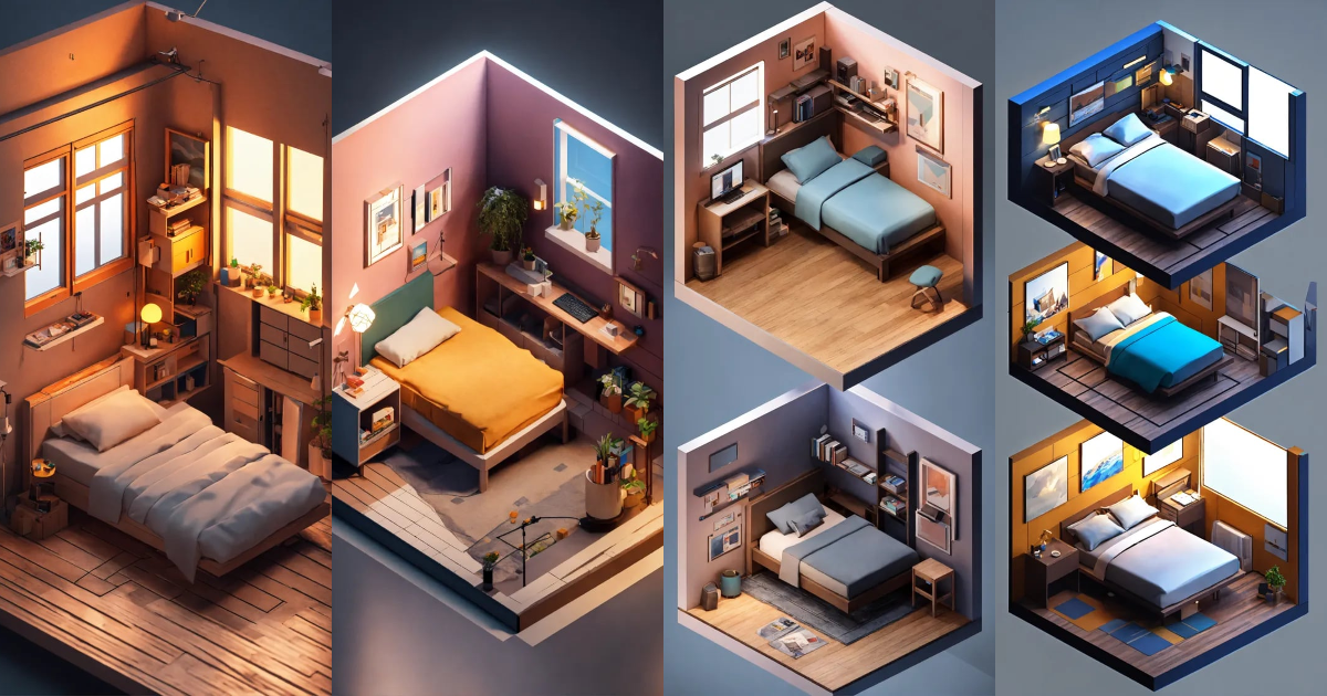 Lexica - Cube cutout of an isometric programmer bedroom, 3d art, muted ...