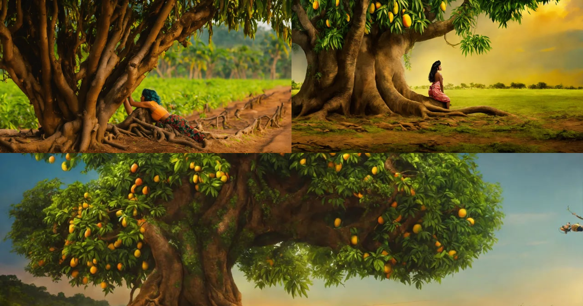 Lexica - A woman whose legs turn into the trunk of a mango tree, her ...