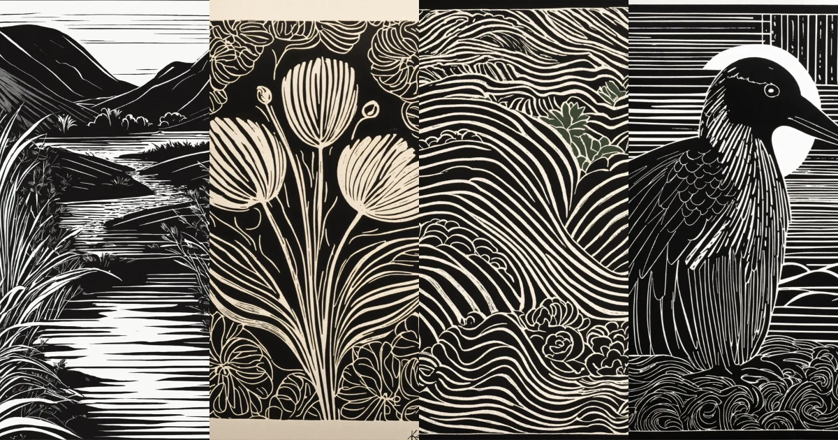 Lexica - Simple linocut design in the style of kathleen Neeley, black ...