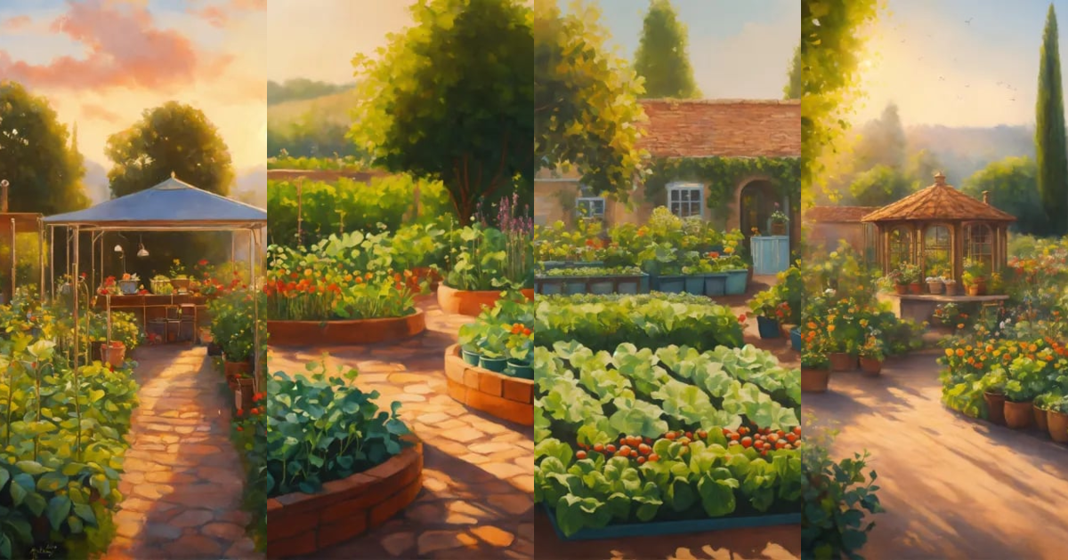 Lexica - Acrilic painting, beautiful kitchen garden, warm light ...
