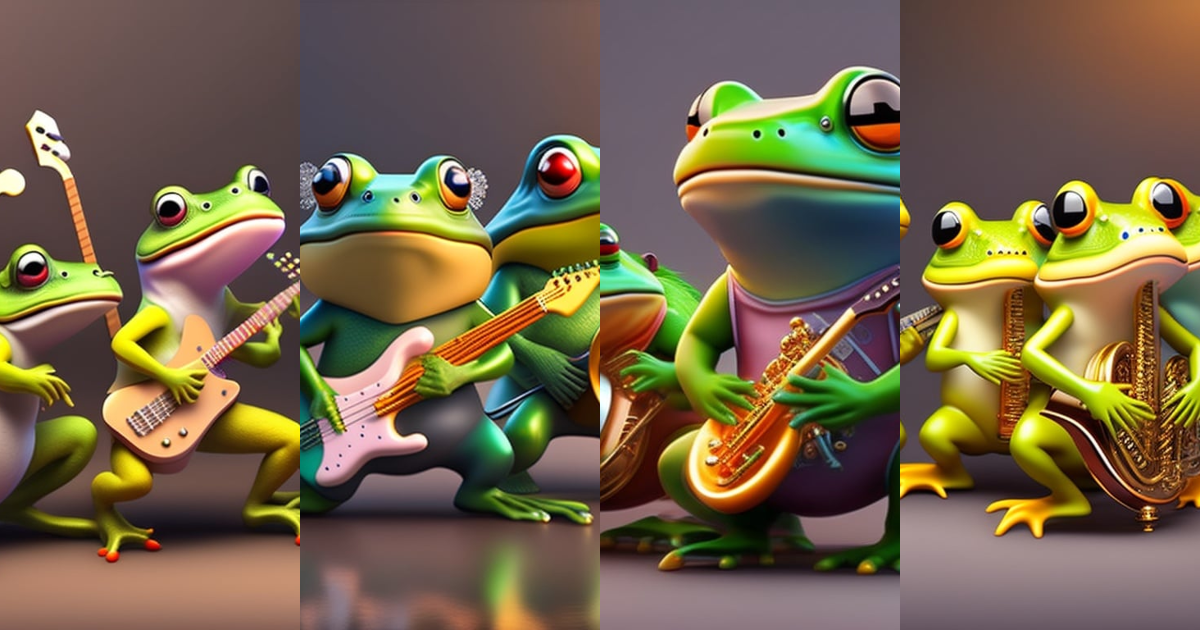 Lexica - A music band of frogs. The band has eight members. One plays ...