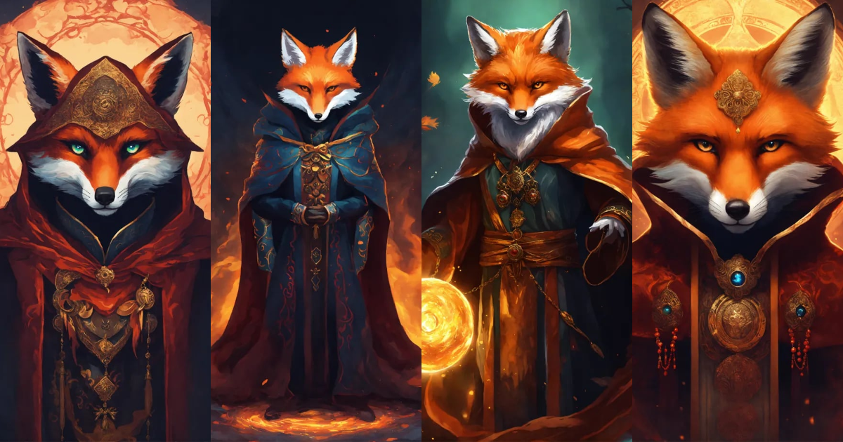 Lexica - A fox God of Trickery emanating tricks, shrouded with floating ...