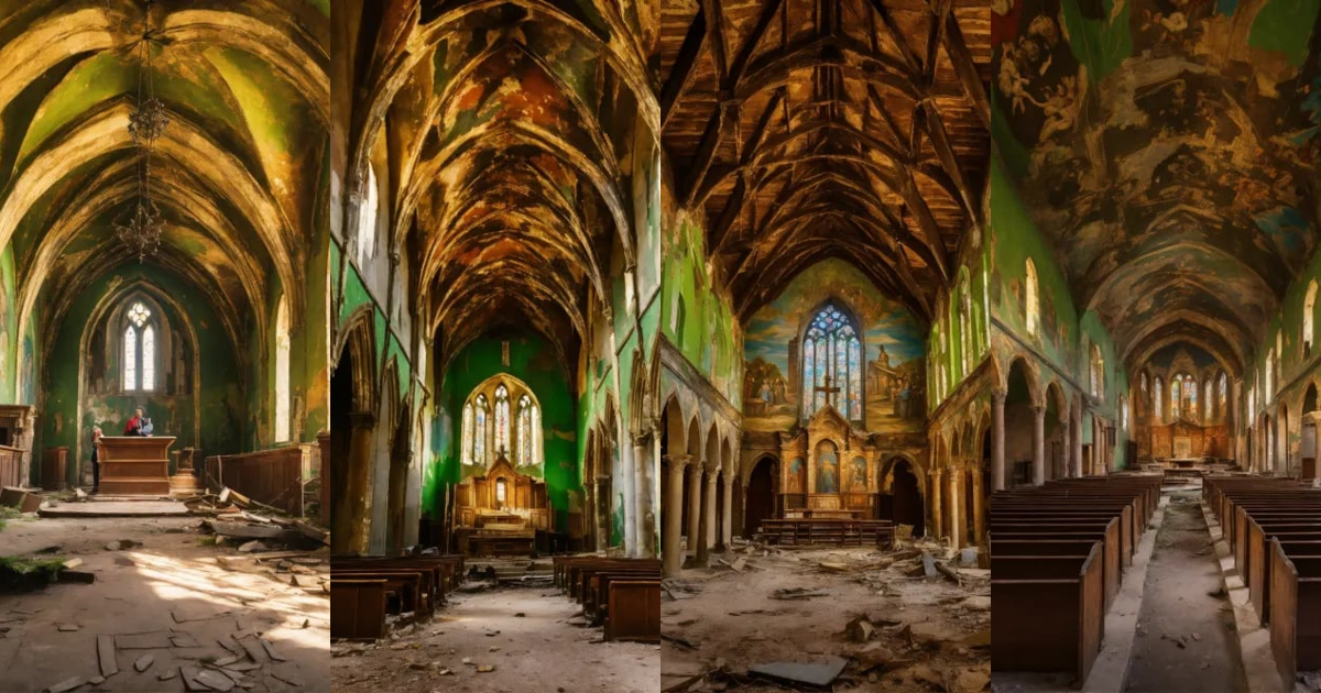 Lexica - A renaissance style wide view of old broken church where man ...