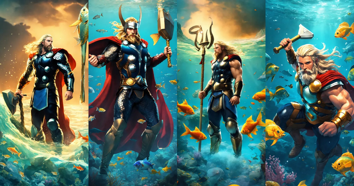 Lexica - Thor with fish underwater in the ocean, nature background, 2D ...