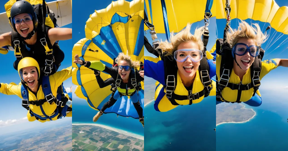 Lexica - A blonde woman skydiving jumping out of a plane with a yellow ...