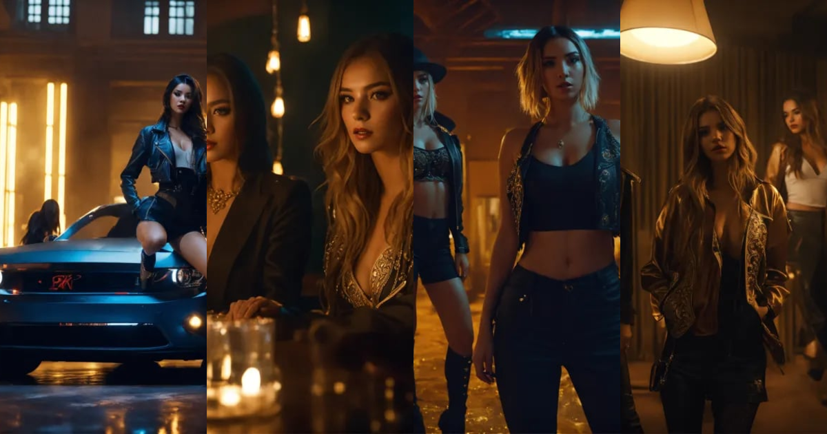 Lexica - Creative photoshoot of gangster girls group, night interior, mood lighting, wide front ...