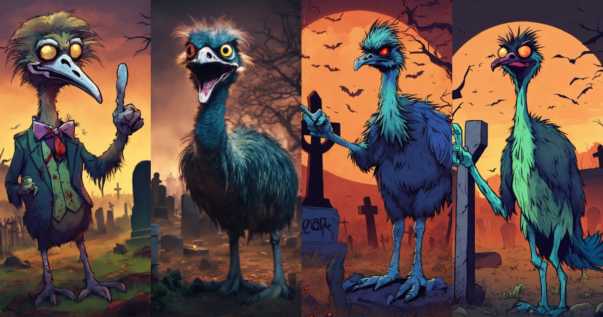 Lexica - Angry zombie emu giving the middle finger in a spooky graveyard
