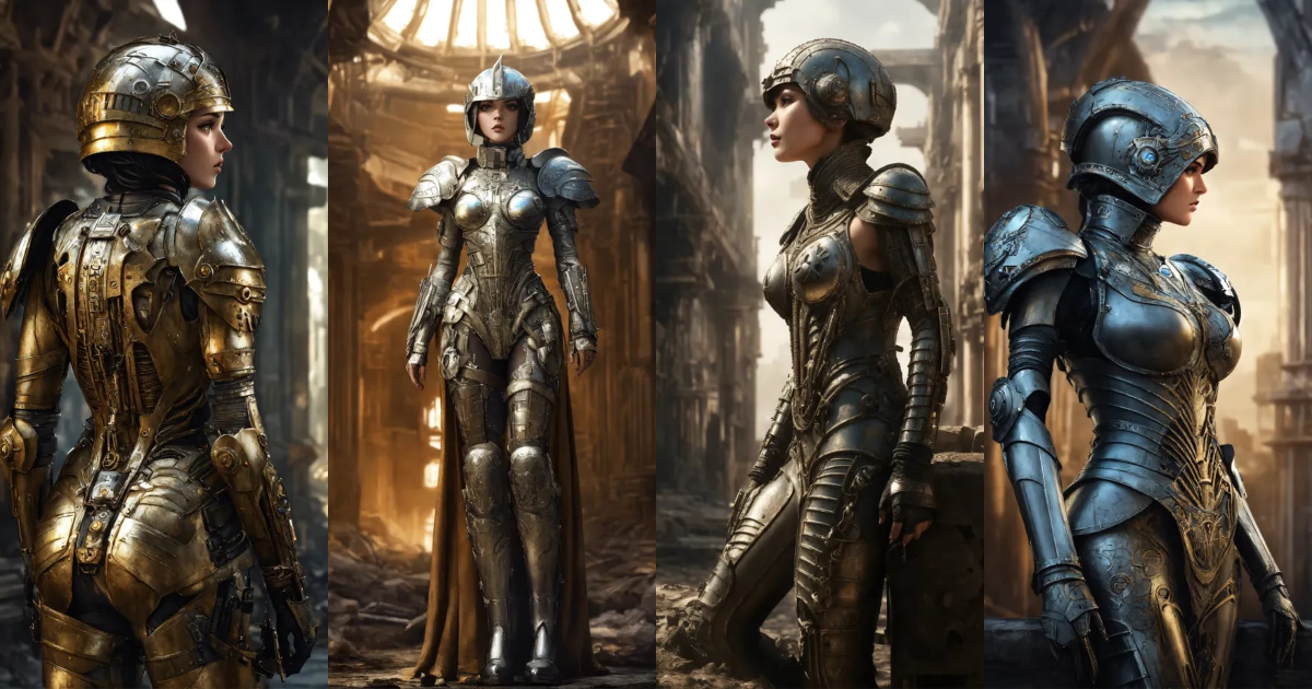 Lexica - "Elegant Armored Lady" Dystopian urban ruins in 1930, centred ...
