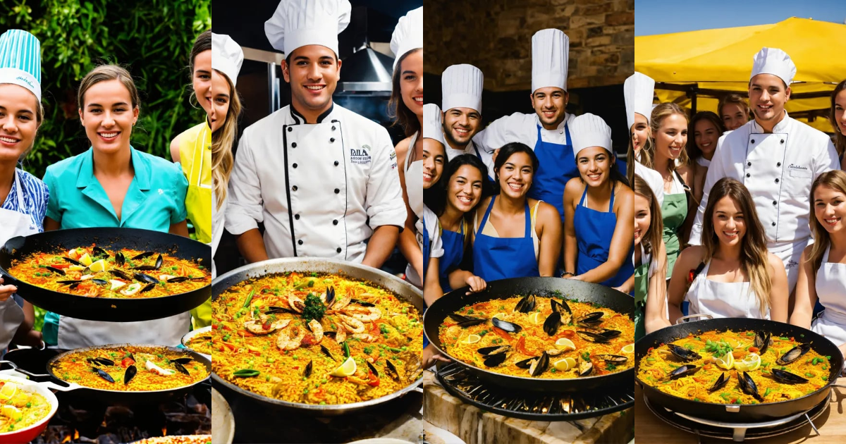 Lexica - 5 girls and one chef men around a paella