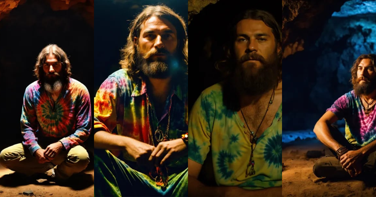 Lexica - A bearded hippy wearing a tattered tie dye shirt, sitting in a ...