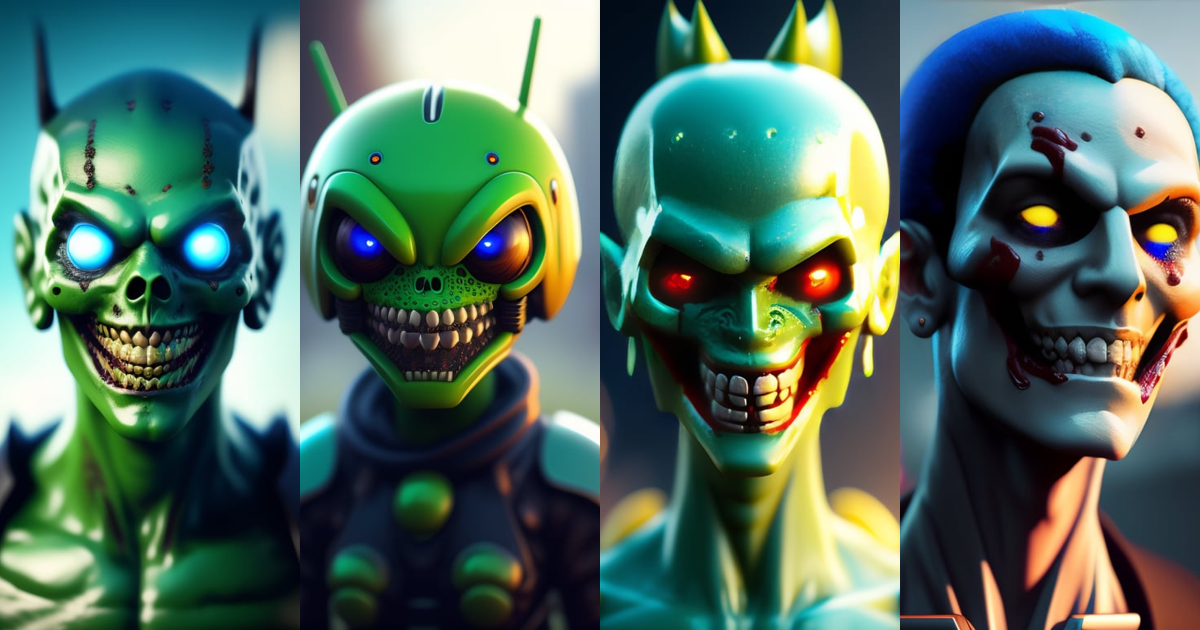 Lexica - Prototype android zombie with menacing smile, big buldging ...