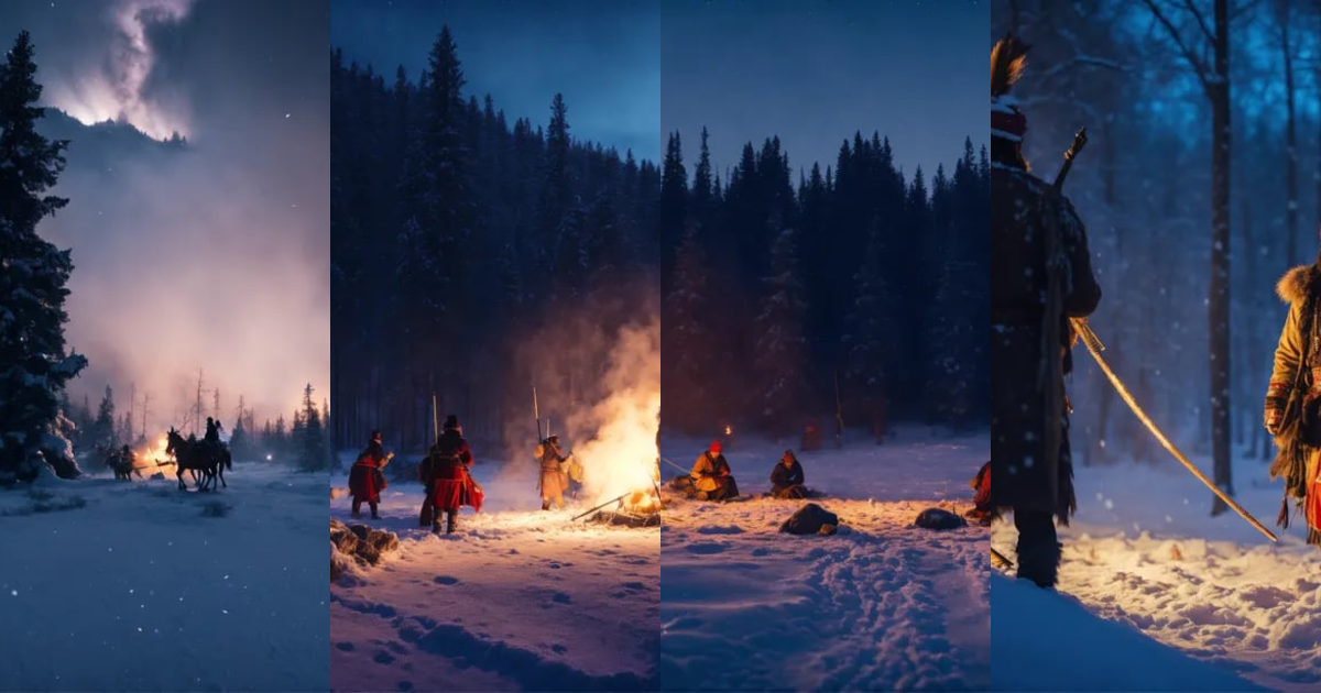 Lexica - Indian tribes war in snow forest. night. cinematic. real picture.