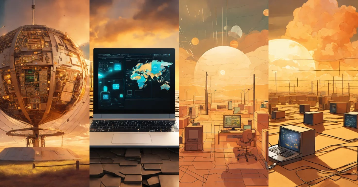 Lexica - Please generate a lively artwork of computers and cybersecurity under sunshine and ...