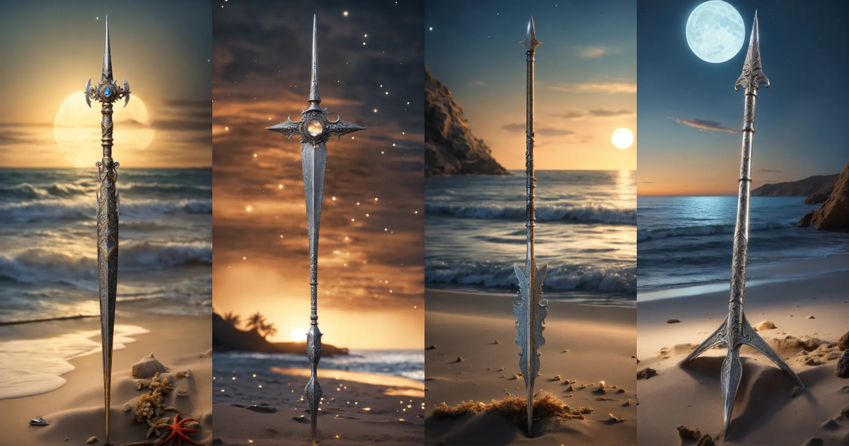 Lexica - 8k, picture of a very long gezackte harpoon with barbs made of ...