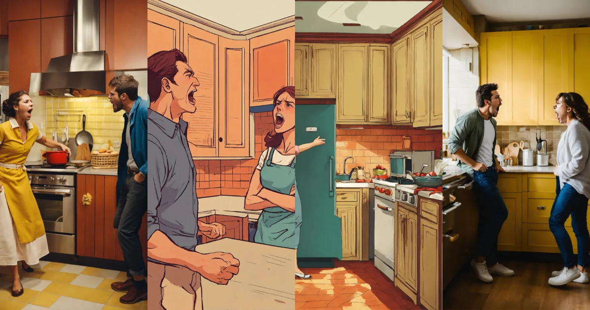 Lexica - A married couple in a kitchen angry and yelling at each other
