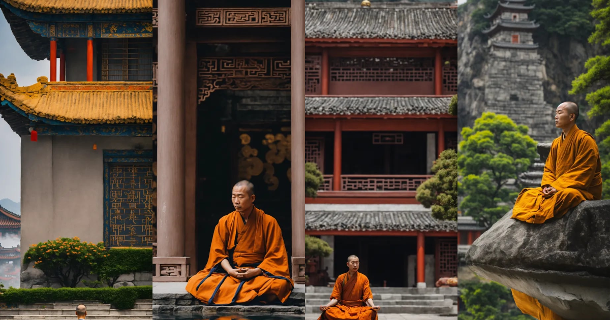 Lexica - A Chinese Monk meditating in front of a grey stone monastery