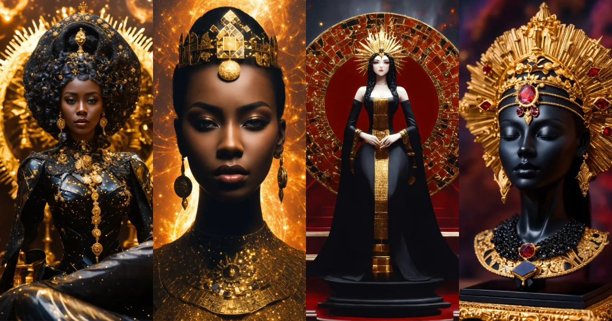 Lexica - Minimalism. Black Solar Queen with long oversized red flowing ...