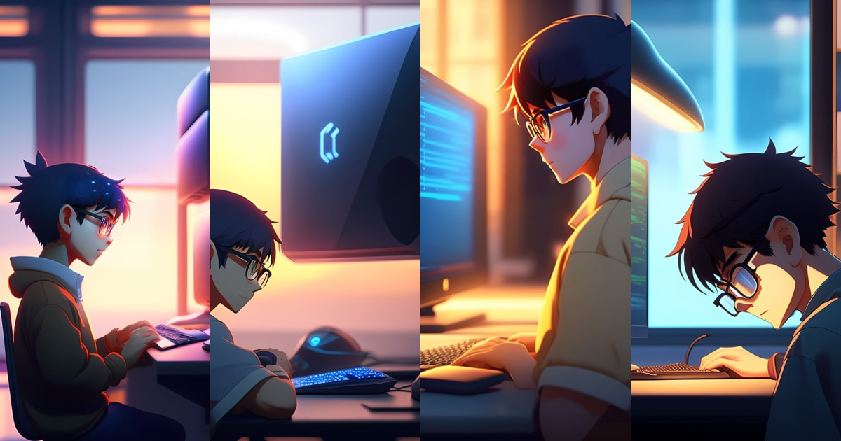 Lexica - A nerdy boy is programming at a computer in a room full of ...