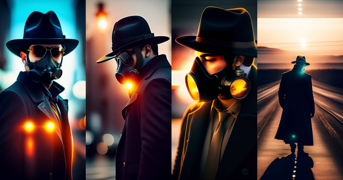 Lexica - A man wearing a fedora hat, sunglasses, trenchcoat and a gas ...