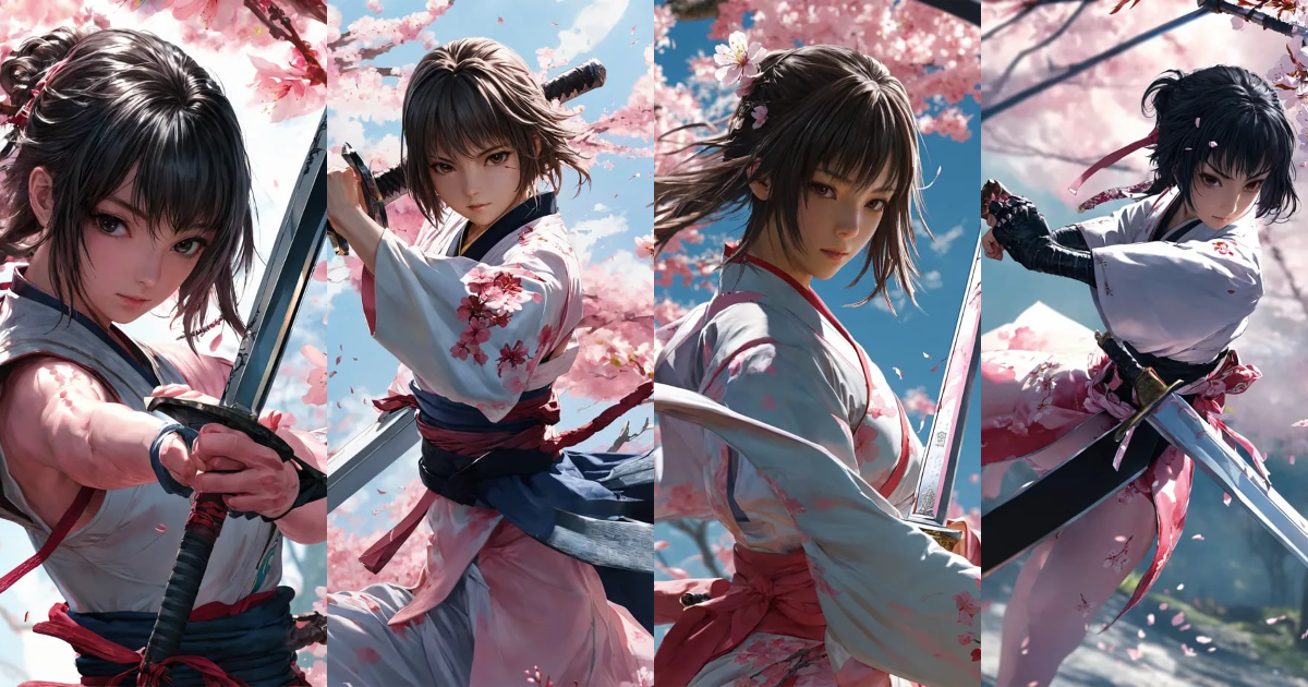 Lexica - Sword Sakura,upper body,blade to side,strike pose,blade down ...