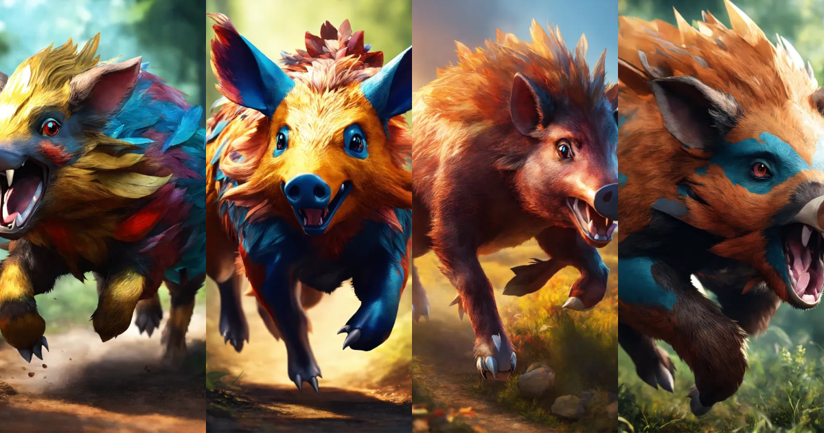 Lexica - Pokemon mixed with wild boar head running, 8K, metallic colors.