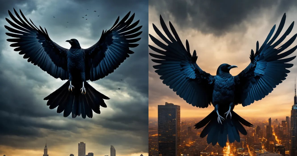 Lexica - Black crow, wings spread, extended wingspan, dark city sky